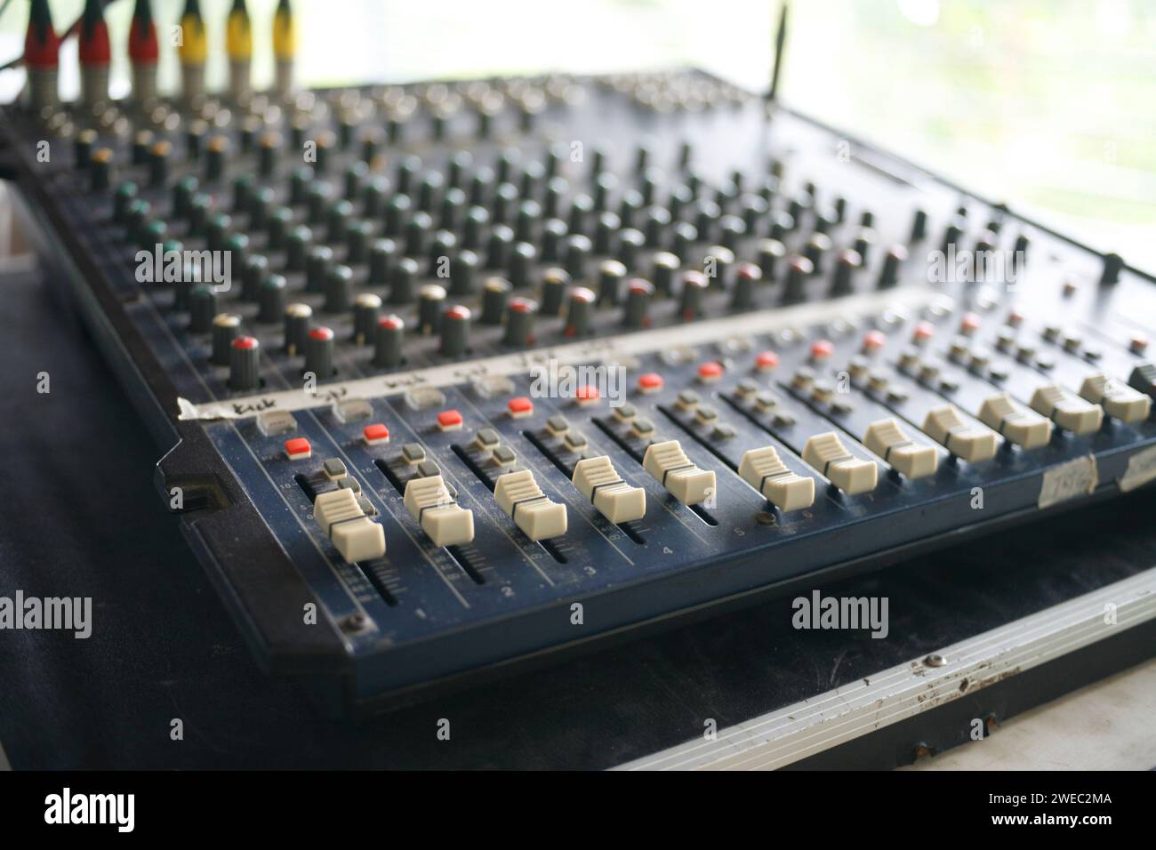Dirty sound mixer. Backstage controls on an audio mixer. Audio music ...
