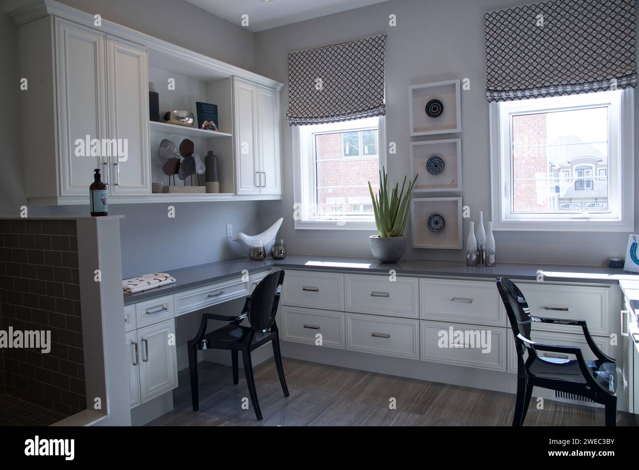 View of a newly designed study room with desk and chair inside a model ...