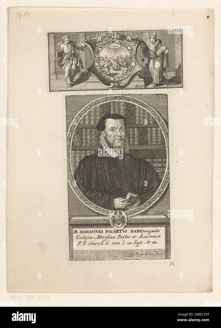 Portrait of Johann Picardt at the age of 44 and a vignette with a representation of the ...