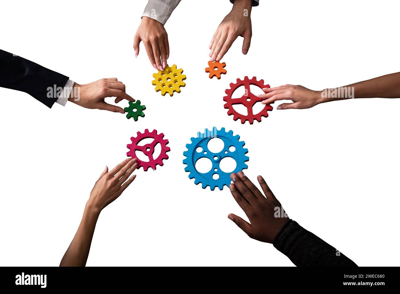 Business team connect pieces of gears as teamwork and partner Stock ...
