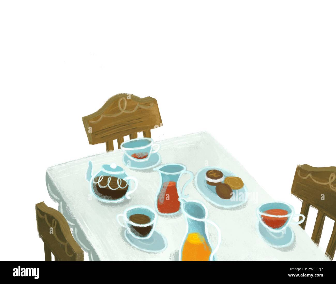 cartoon scene with dinner table and lot of food on white background ...