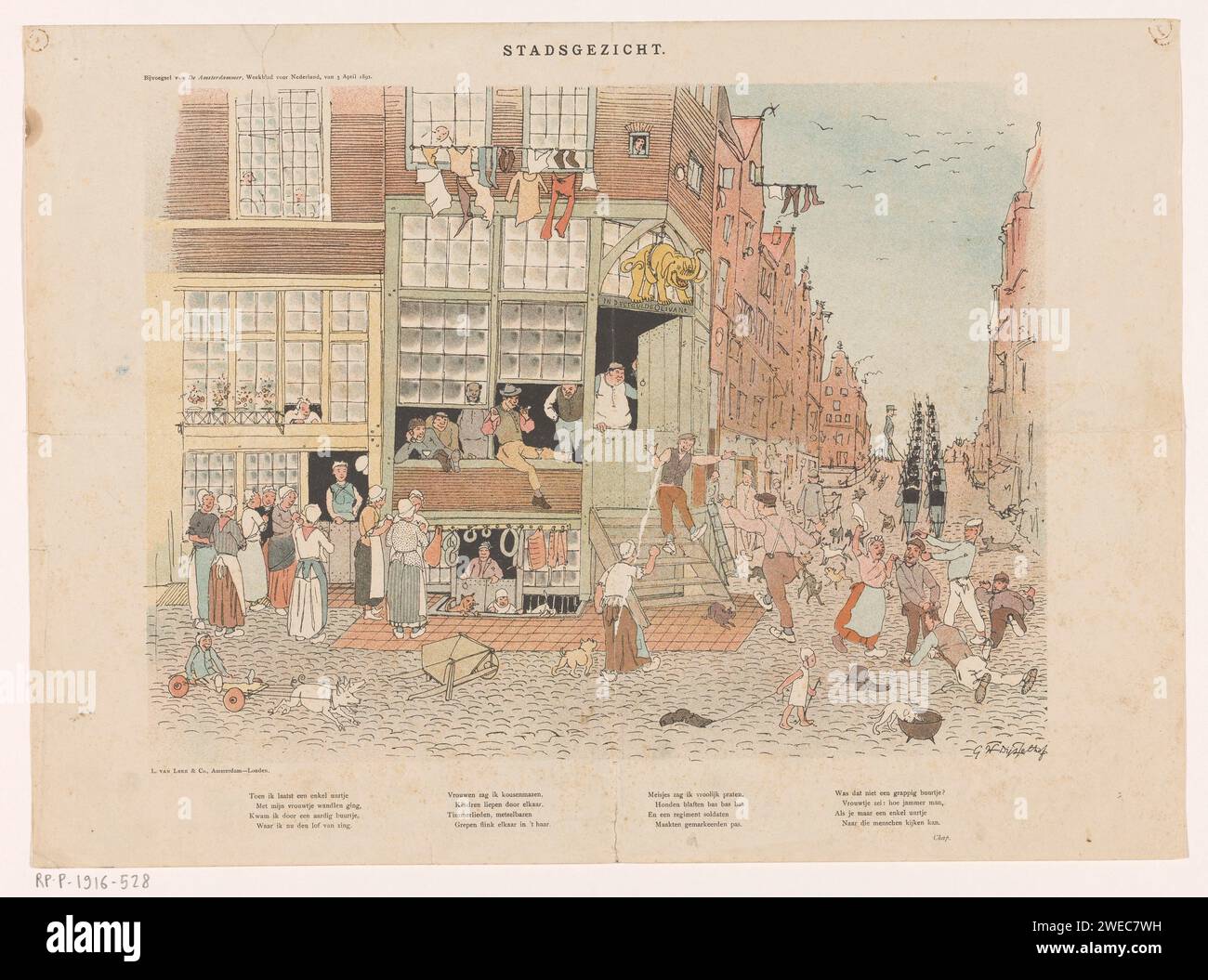 Cityscape, Gerrit Willem Dijsselhof, 1891 print Men, women and children ...