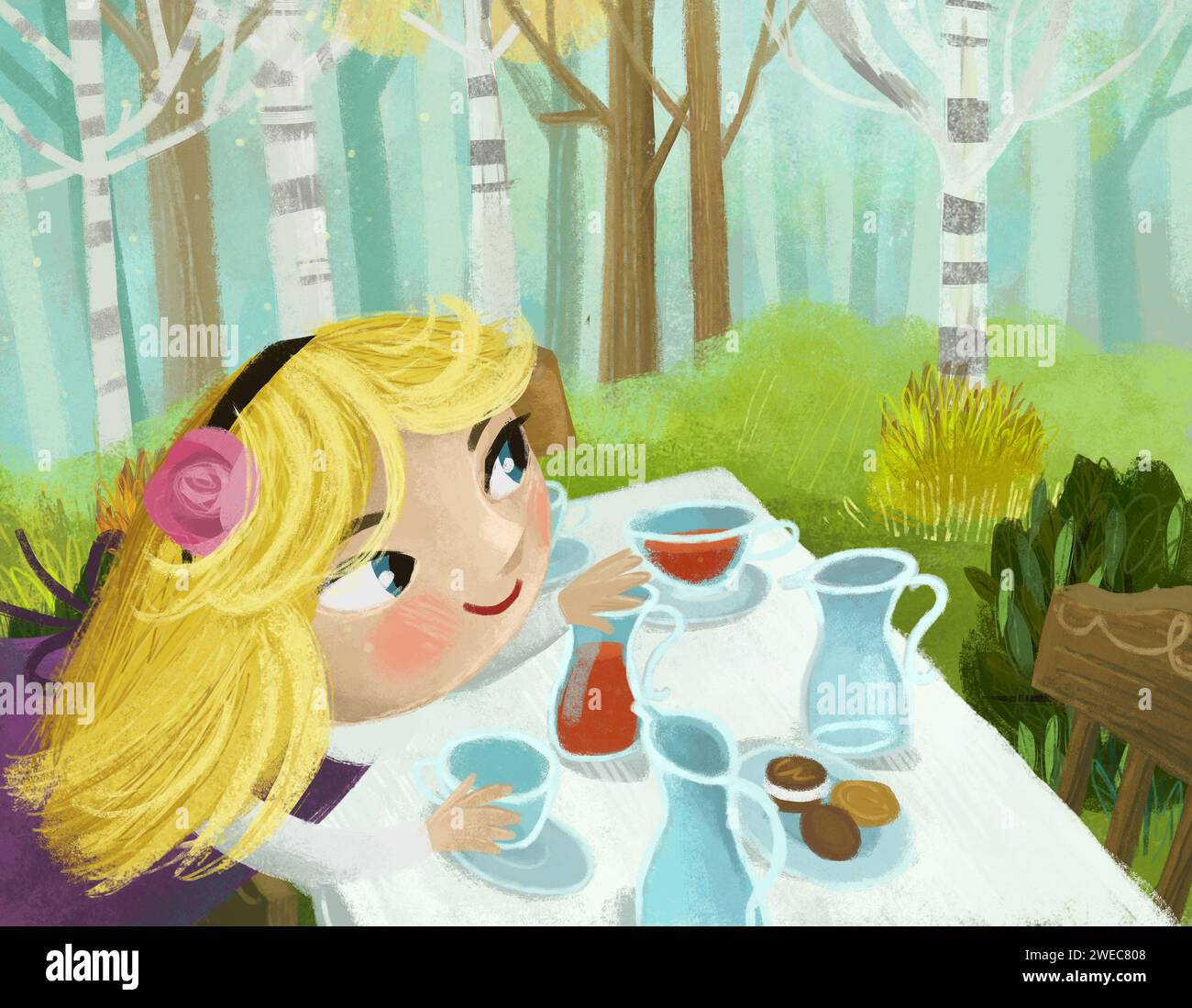 cartoon scene with dinner table as picnic in the forest wacky party ...