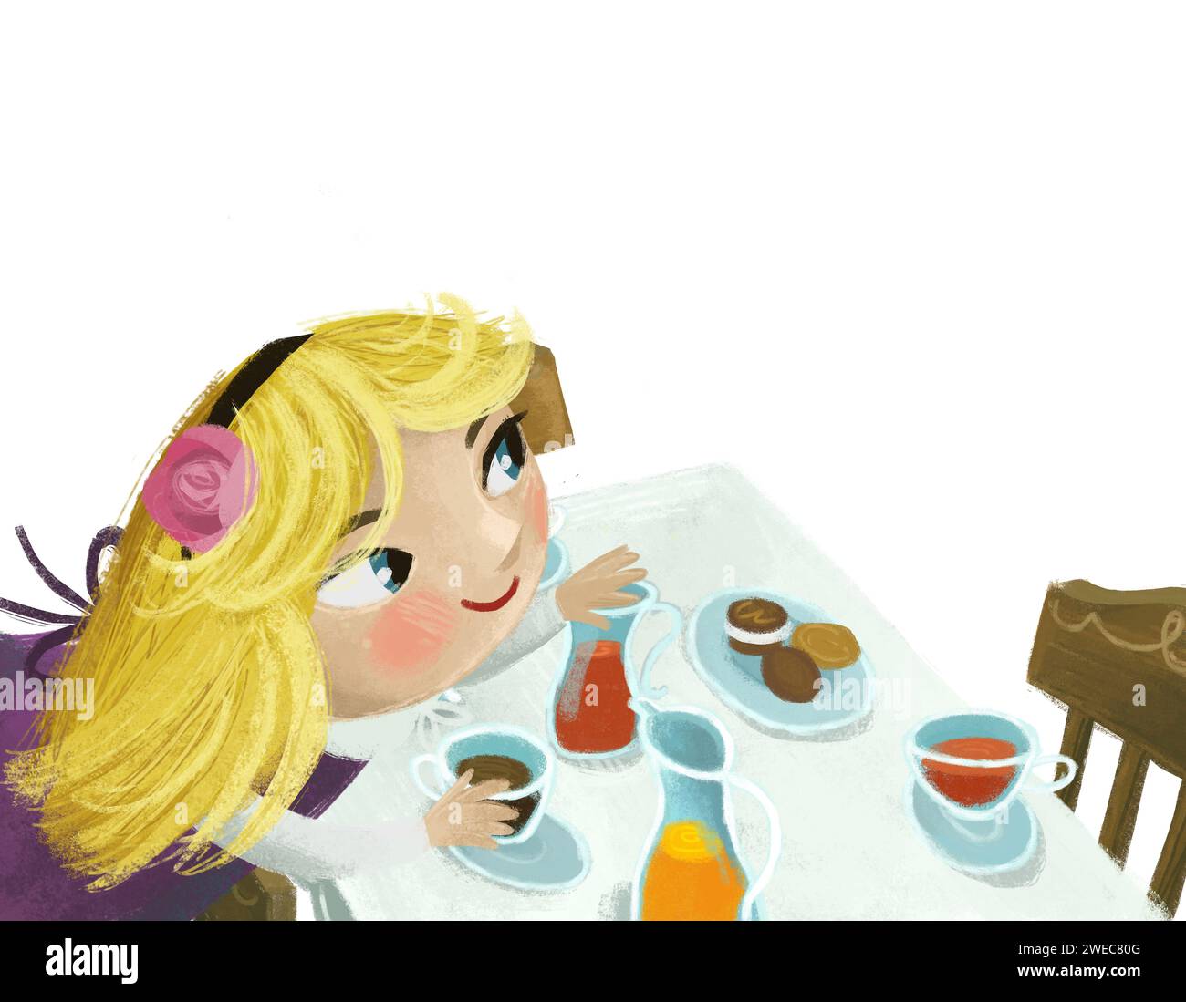 cartoon scene with dinner table and lot of food on white background ...