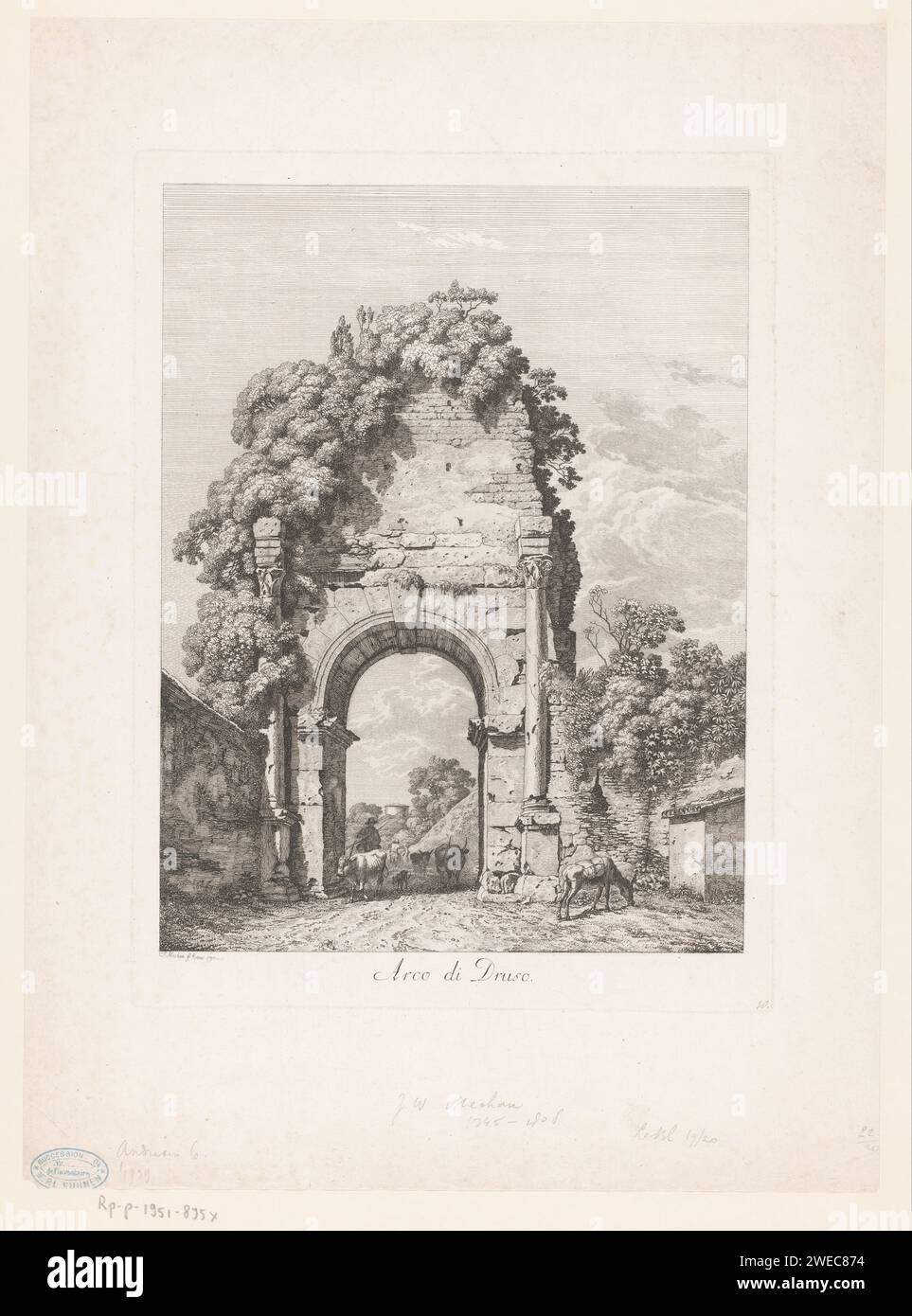 Boog van Drusus, Jacob Wilhelm Mechau, 1794 print Rome paper etching ...