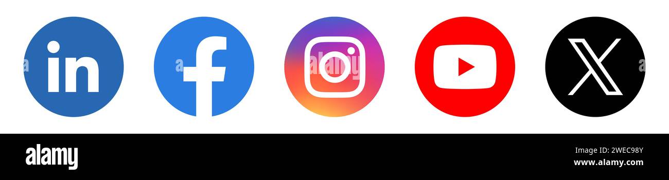 Facebook, Youtube, X - former Twitter, Instagram and LinkedIn social media app icon set. Circle ...