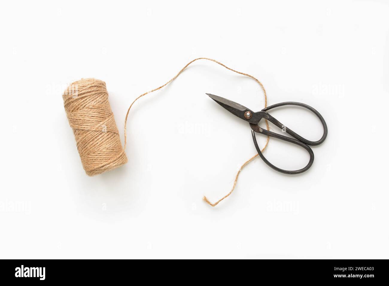 Rustic natural twine and old fashioned metal herb scissors isolated on ...