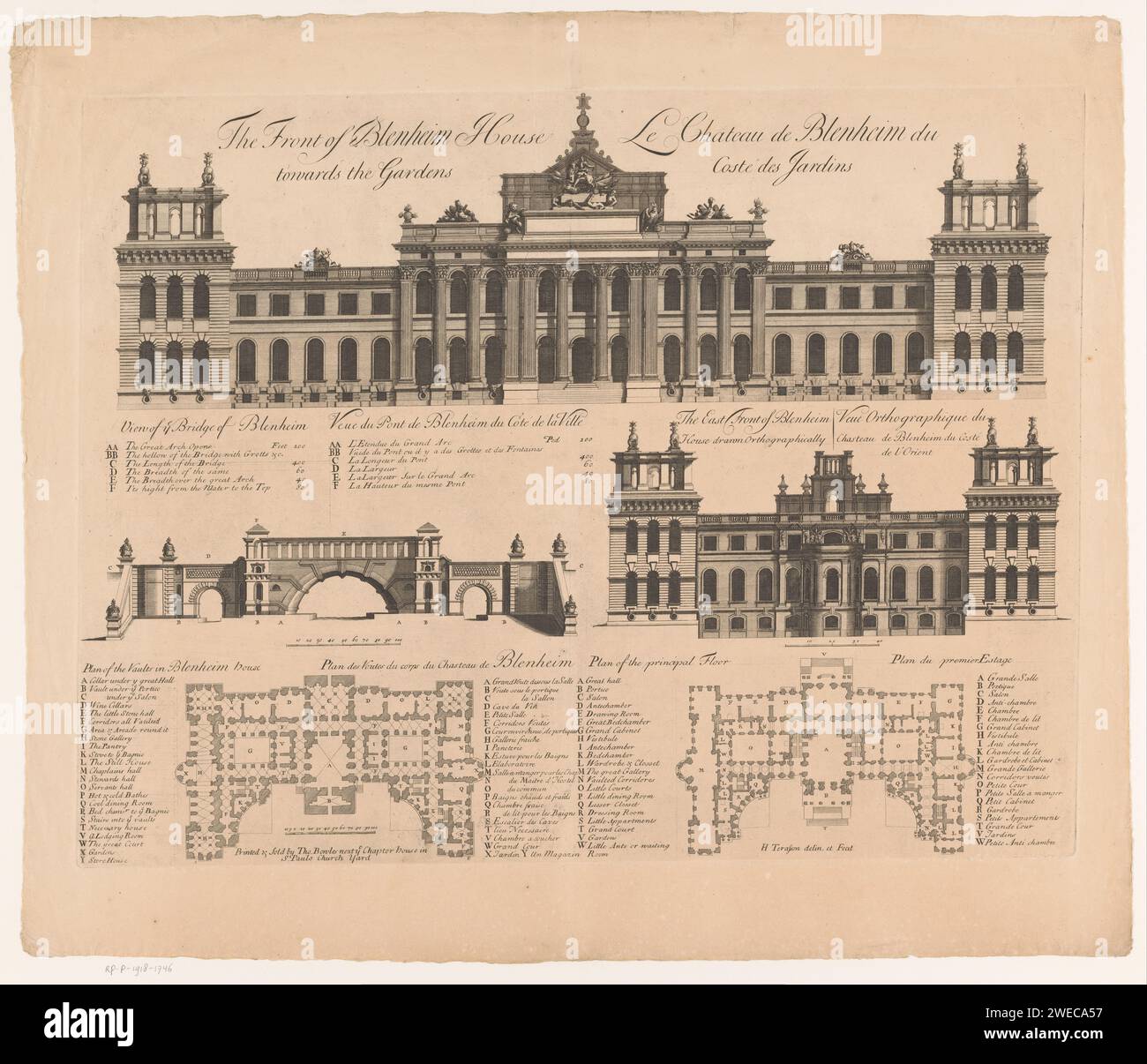 Facade, bridge, east side and floor plans of Blenheim Palace, H ...