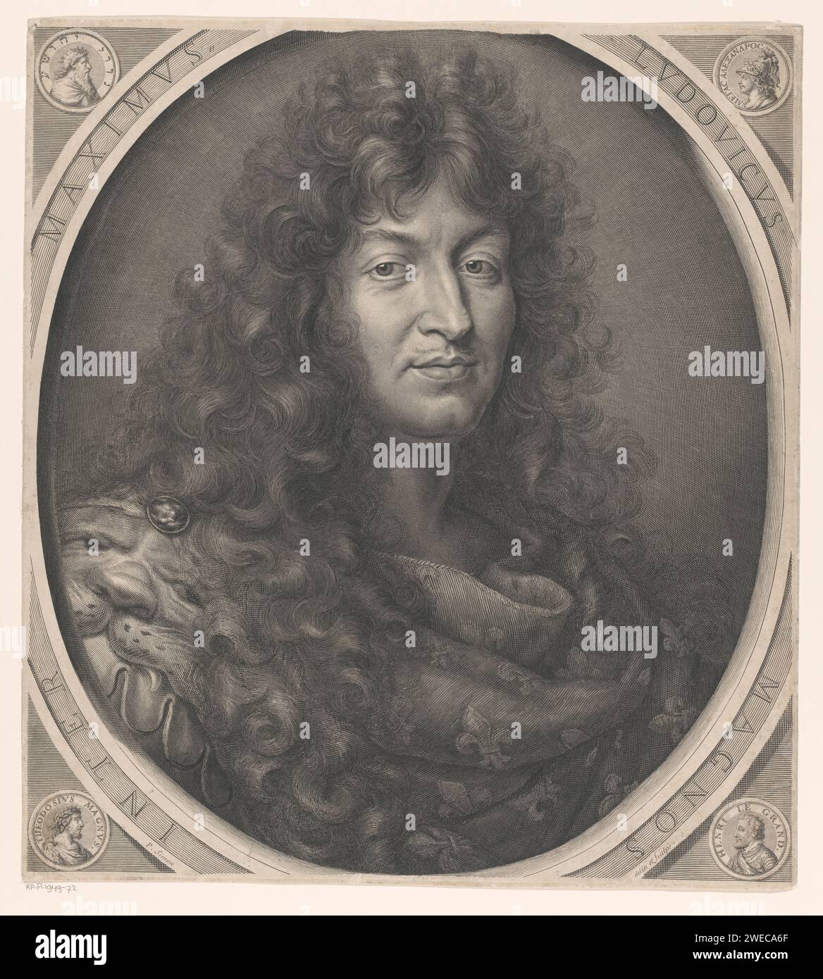 Portrait of Lodewijk XIV, Pierre Simon (I), After Charles Le Brun, 1650 - 1715 print Portrait ...