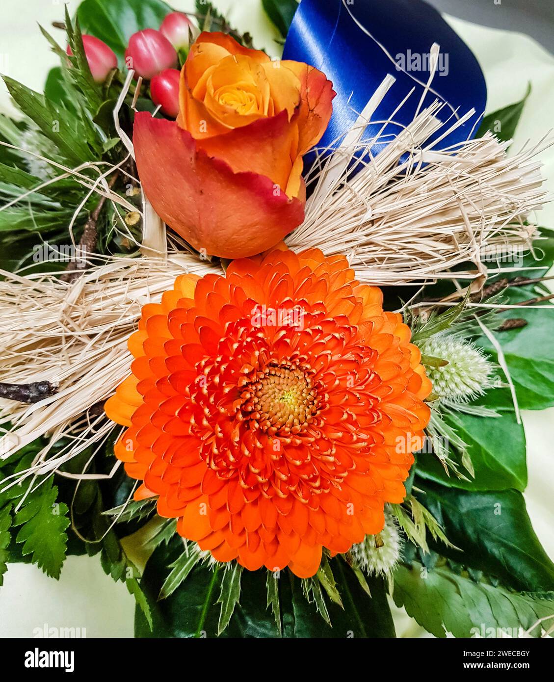 Colorful bouquet with gerberas, roses and St. John's wort Stock Photo ...