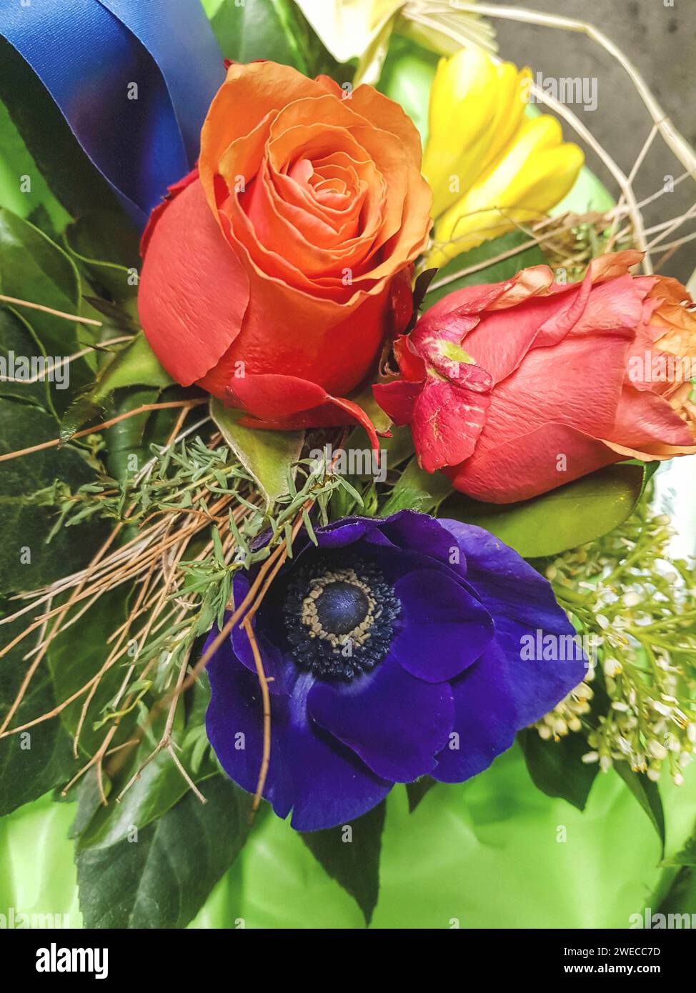 Colorful bouquet with roses, freesias and ranunculus Stock Photo - Alamy