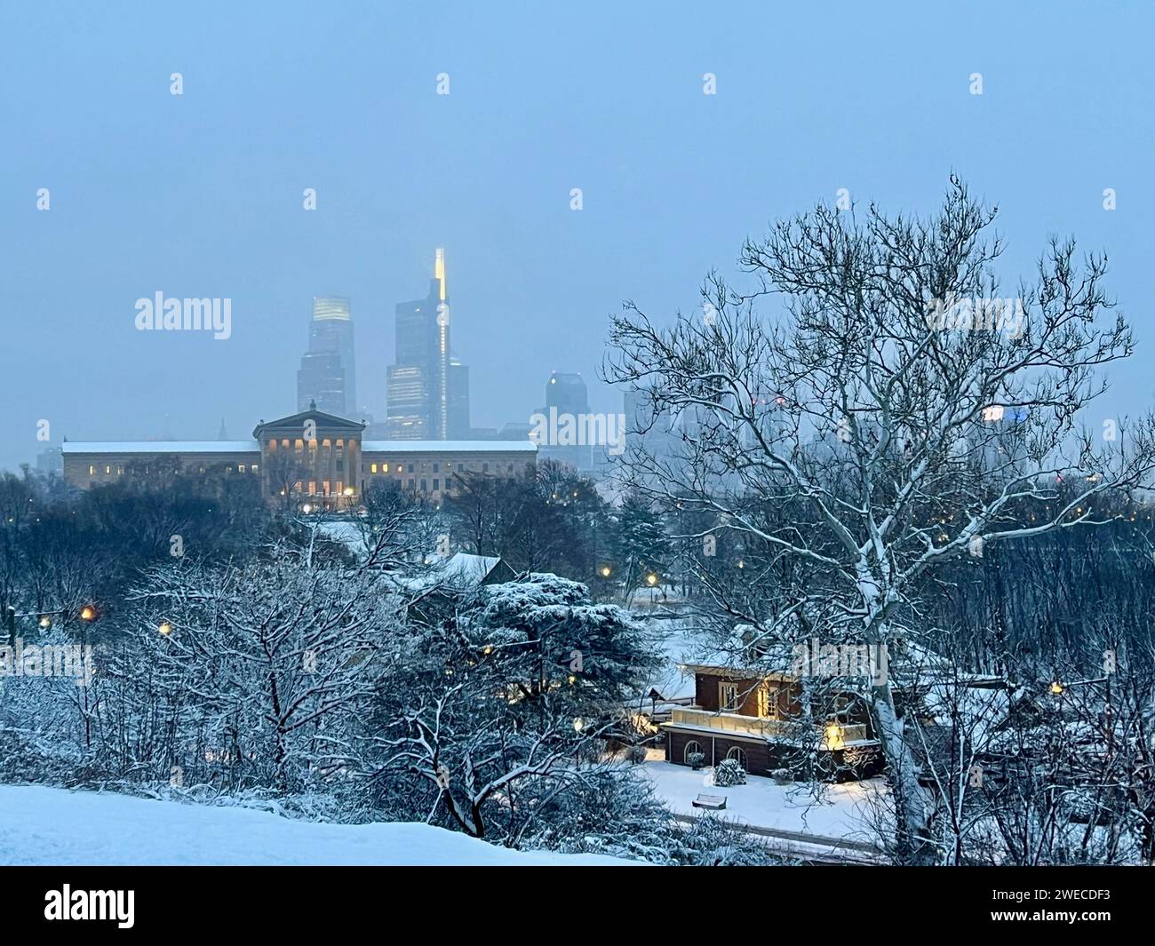 Snow envelops the Philadelphia Museum of Art and Center City, as seen ...