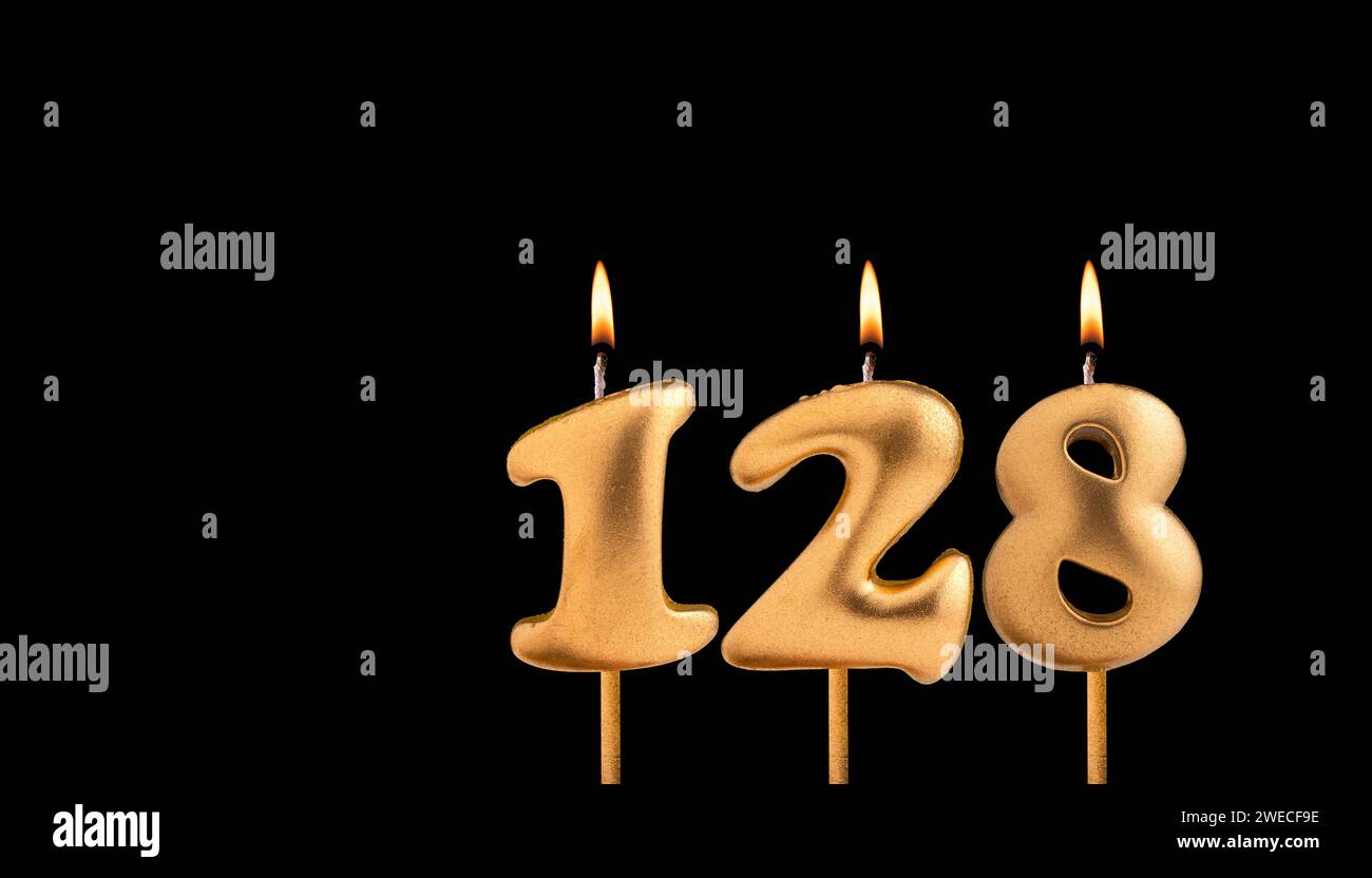 Birthday candle number 128 - Birthday celebration on black background ...