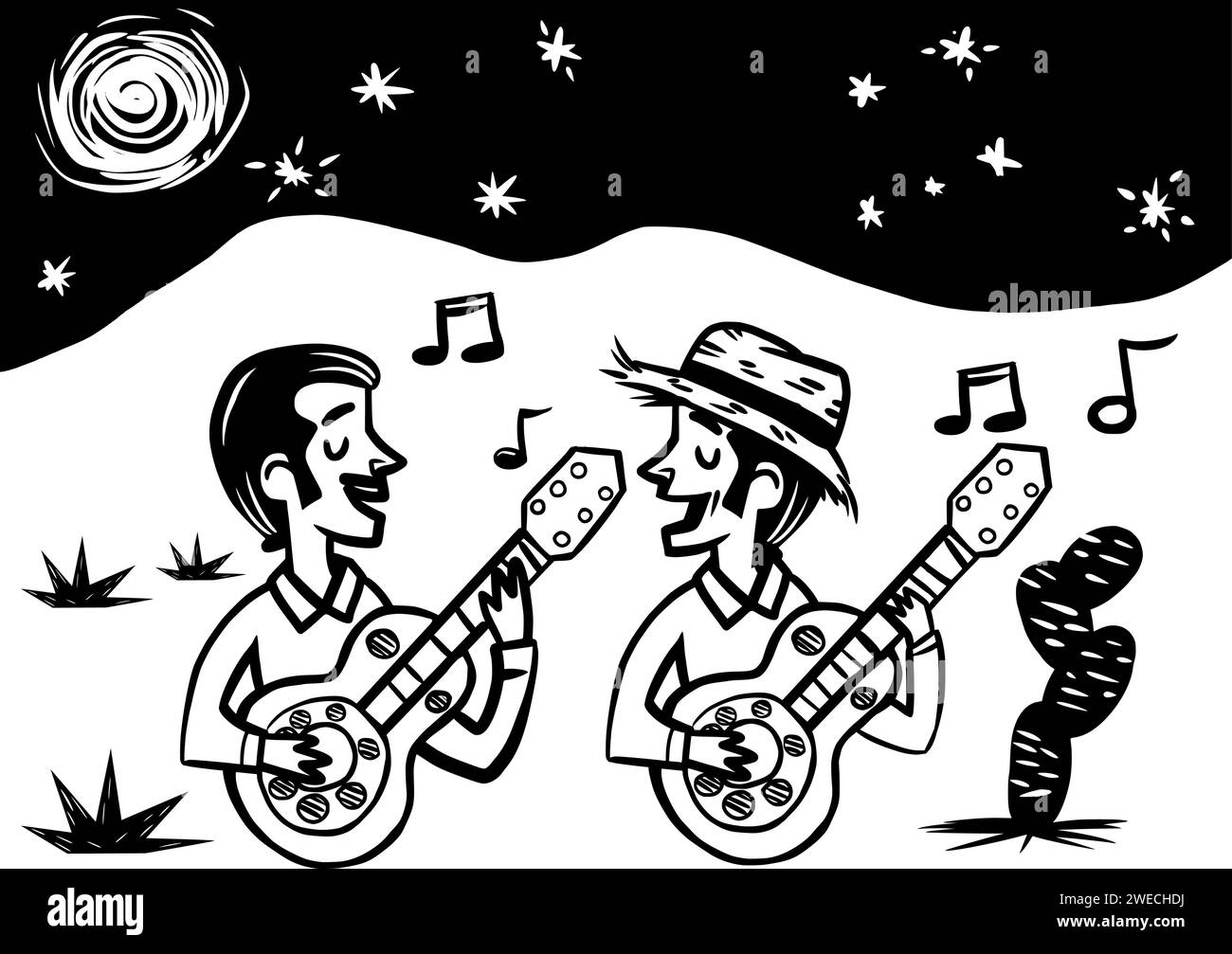 Guitar duo singing in the moonlight. Vectors in woodcut style Stock ...