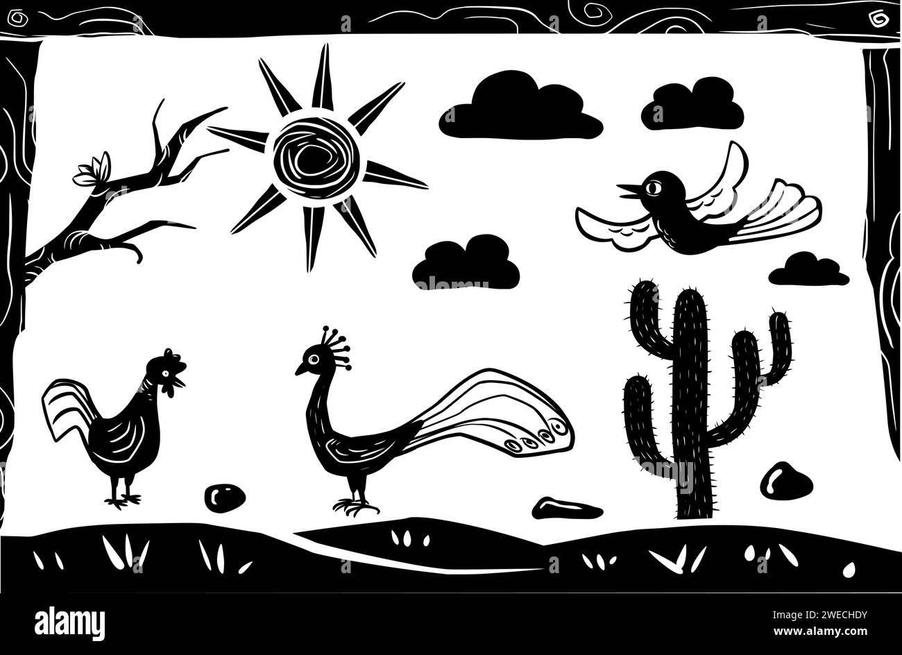 Birds in a desert setting. Vectors in woodcut style Stock Vector Image & Art - Alamy