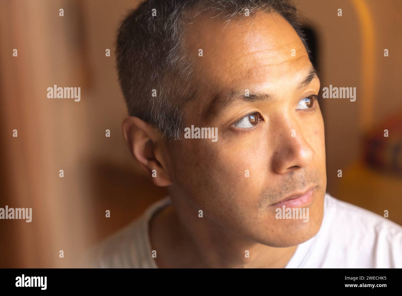 Close-up of an adult male of mixed latin-Japanese ethnicity gazing ...