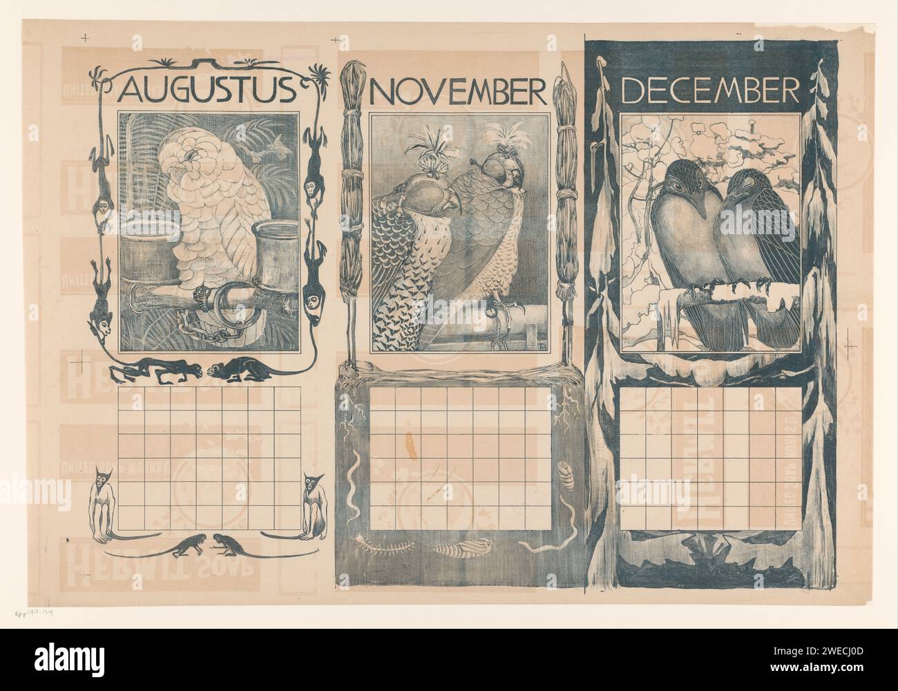 Calendar magazines from August, November and December, with birds, Theo ...