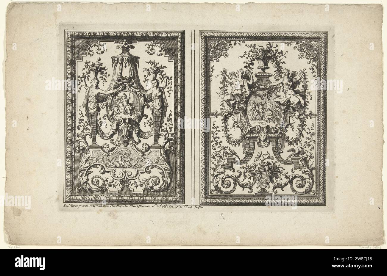 Two vertical panels, Daniël Marot (I), 1712 print On the left a ...