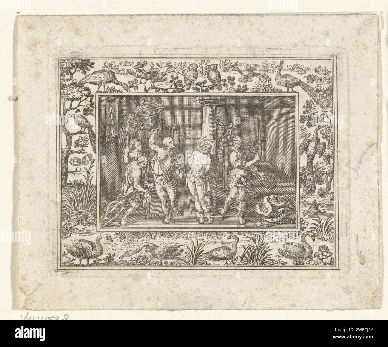 Passion show in list of peacocks, owls and swans, anonymous, c. 1600 - c. 1699 print Germany ...