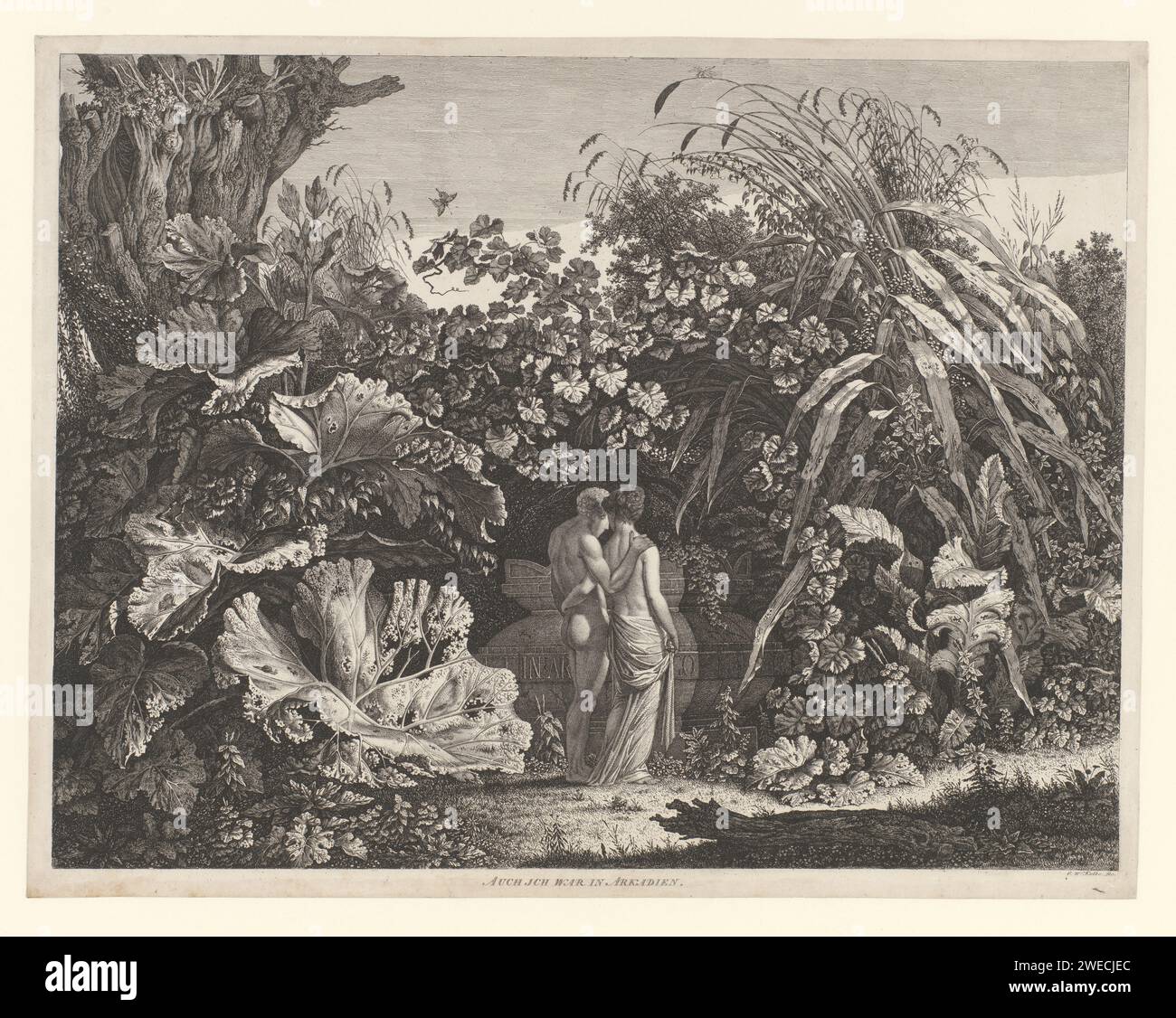 Two figures at a tomb surrounded by large plants and other vegetation ...
