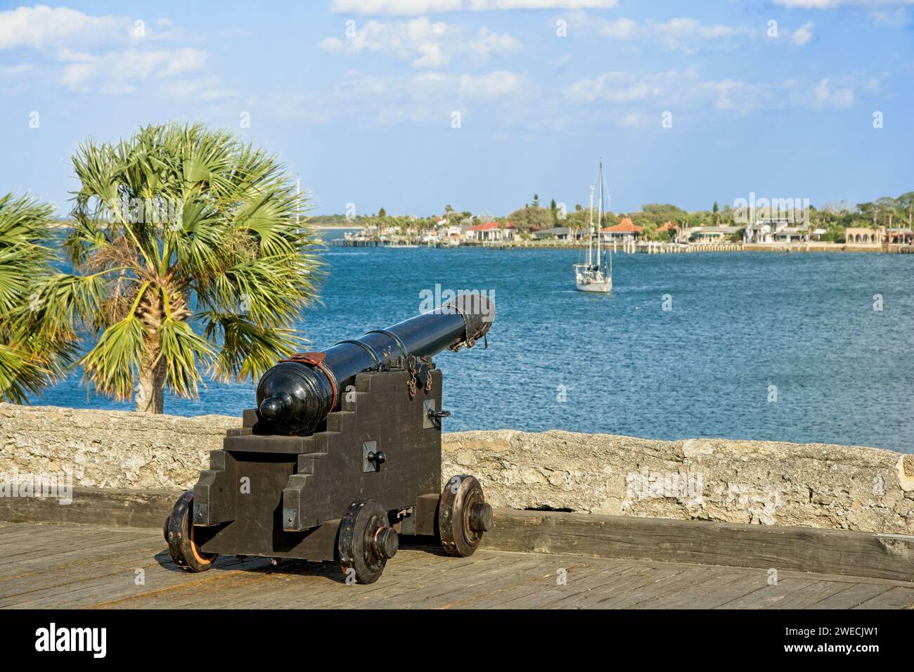 Spanish colonial canon guards Matanzas river from coquina stone masonry ...