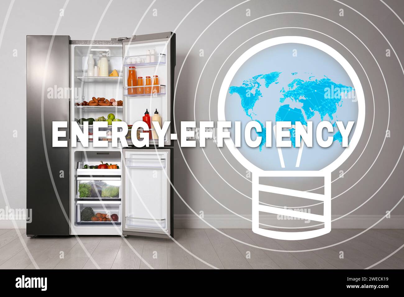 Energy efficiency. Open refrigerator near light grey wall. Illustration ...