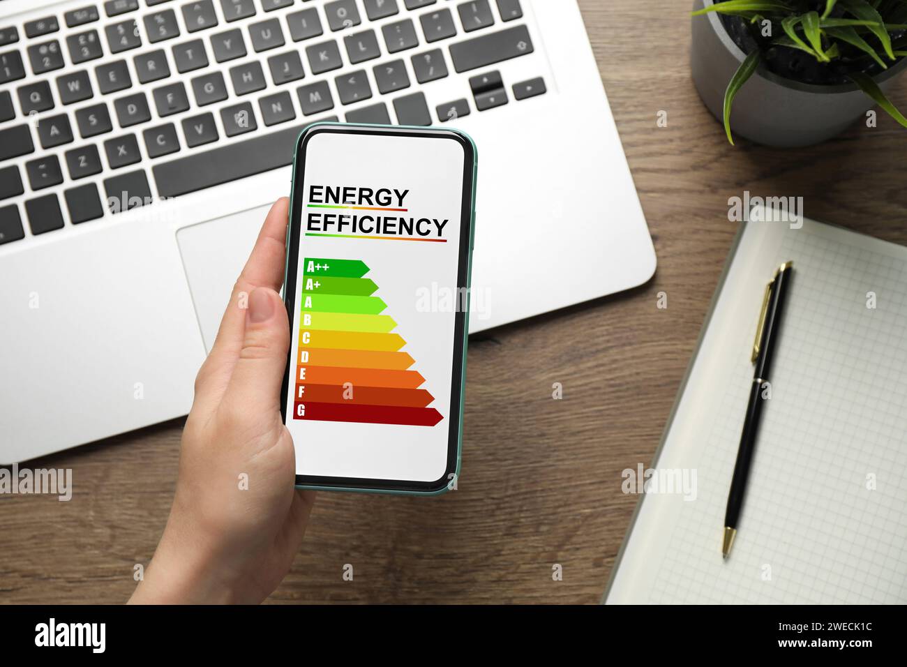 Energy efficiency. Woman using smartphone with colorful rating on ...