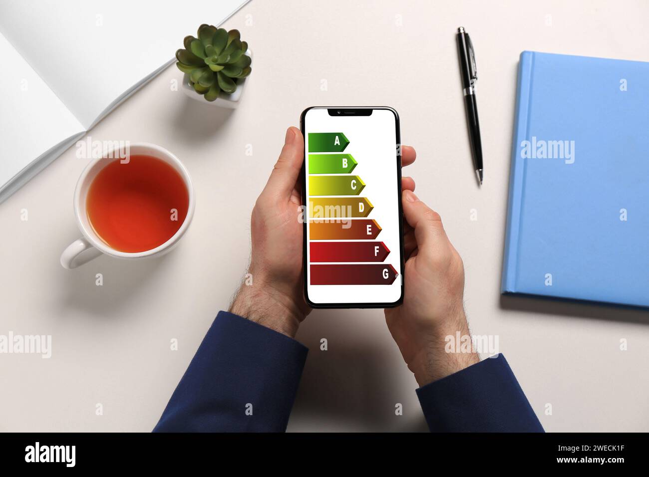 Energy efficiency. Man using smartphone with colorful rating on display ...