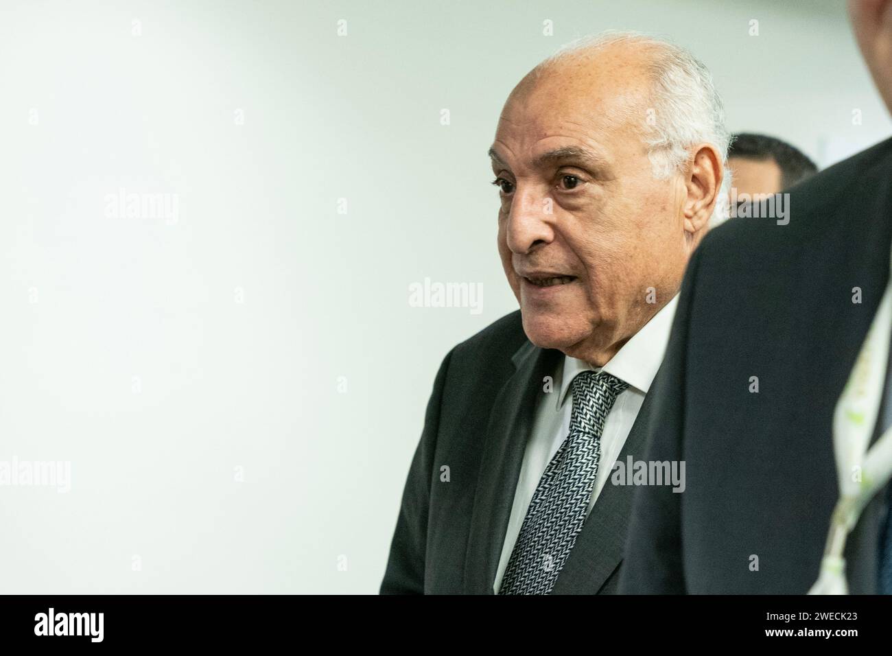 Minister of Foreign Affairs of Algeria Ahmed Attaf (C) walks in hallway ...