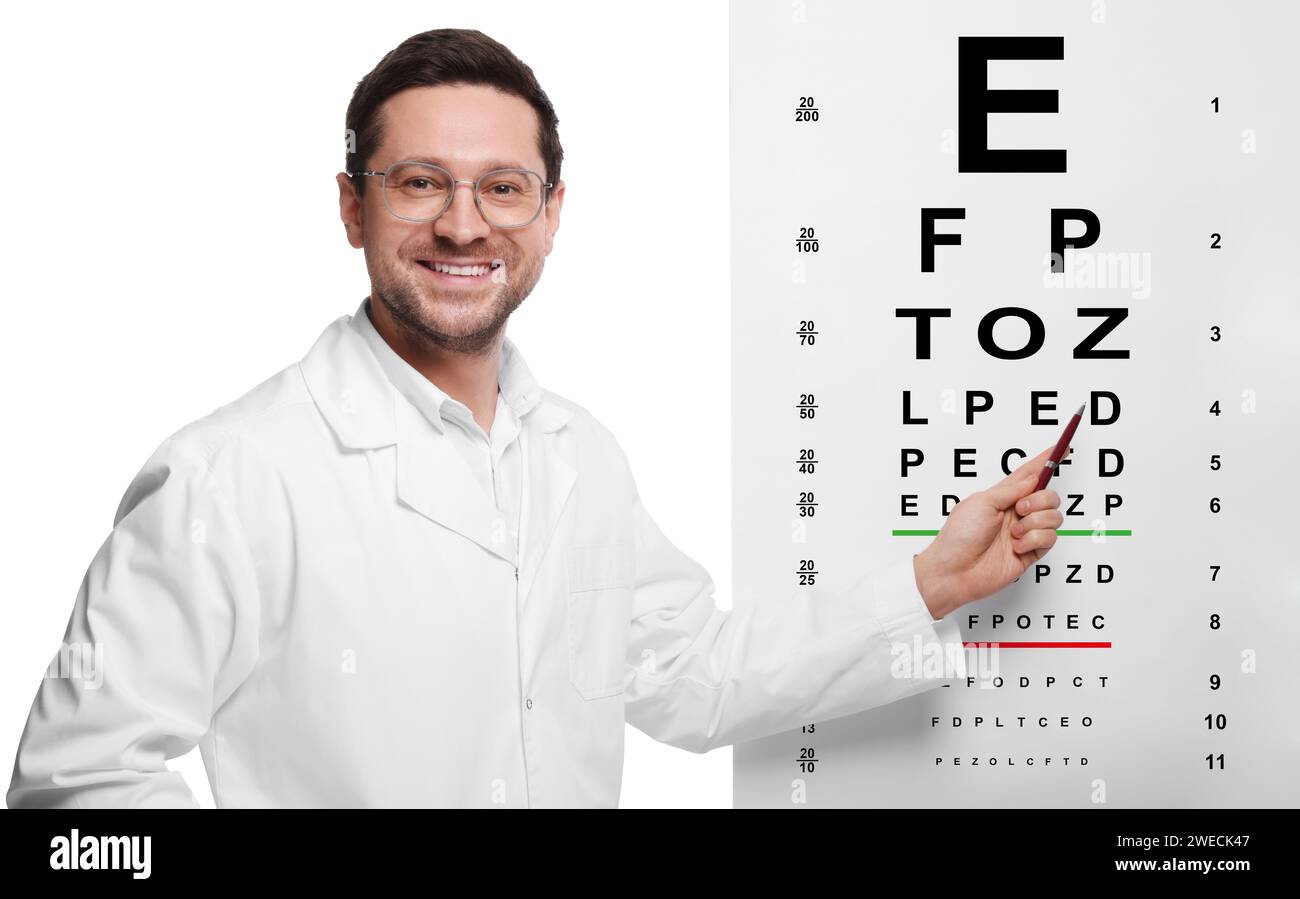 Ophthalmologist pointing at vision test chart on white background Stock ...