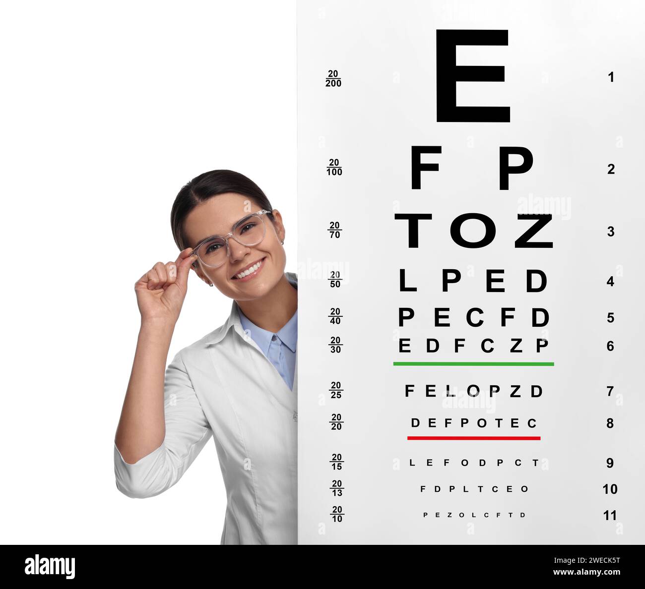 Ophthalmologist with vision test chart on white background Stock Photo ...