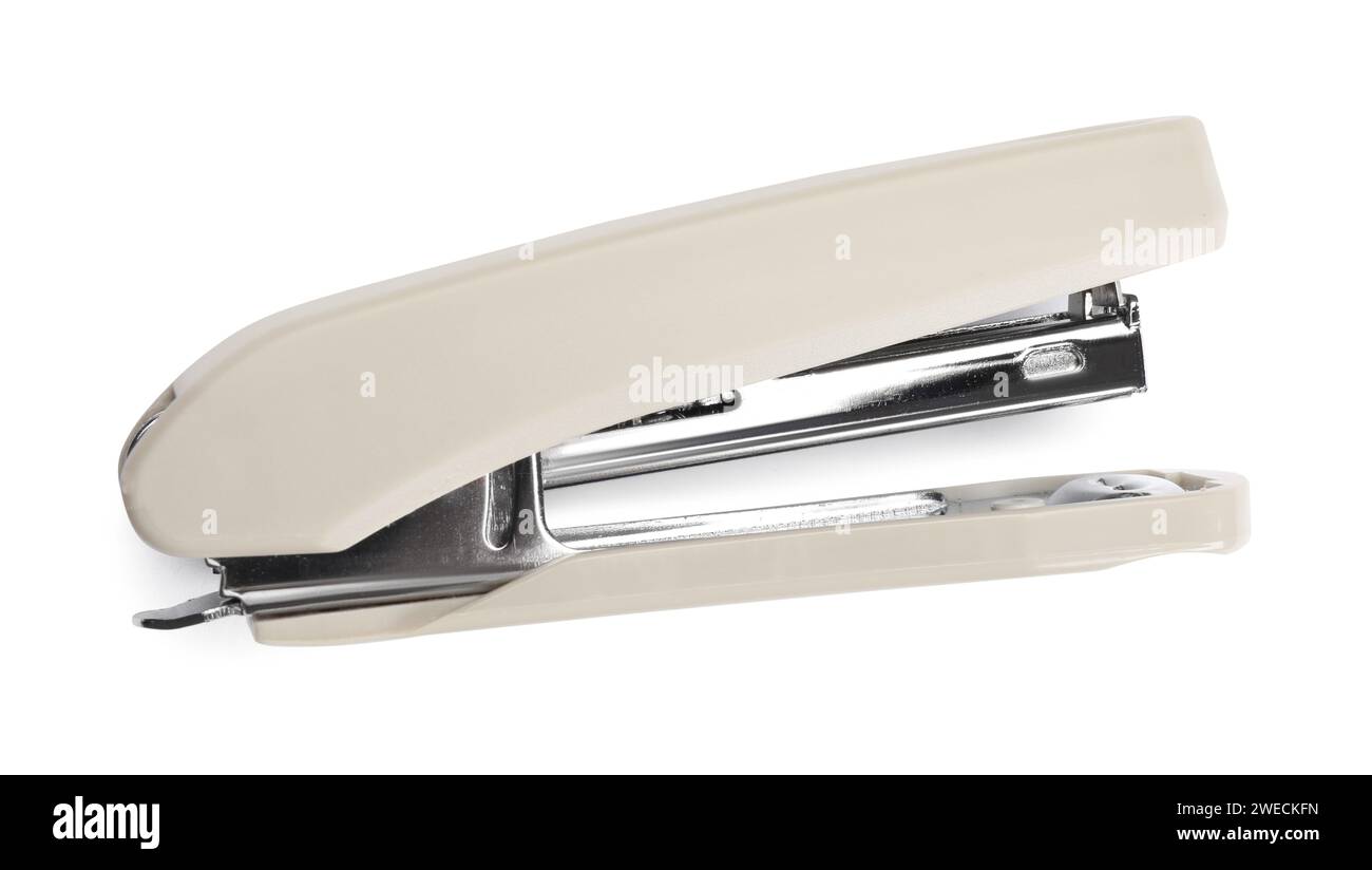 One beige stapler isolated on white, top view Stock Photo - Alamy