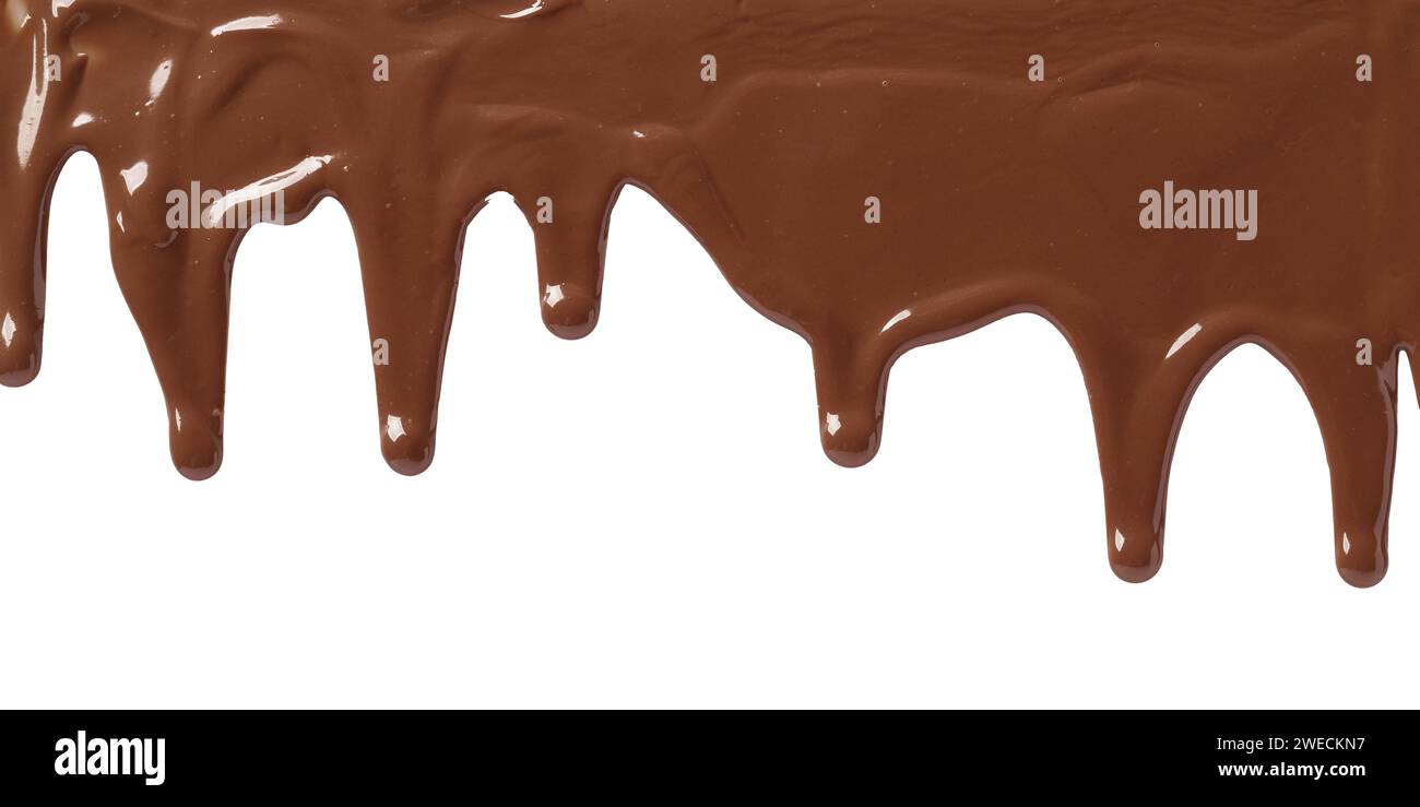 Tasty melted milk chocolate pouring down on white background Stock ...