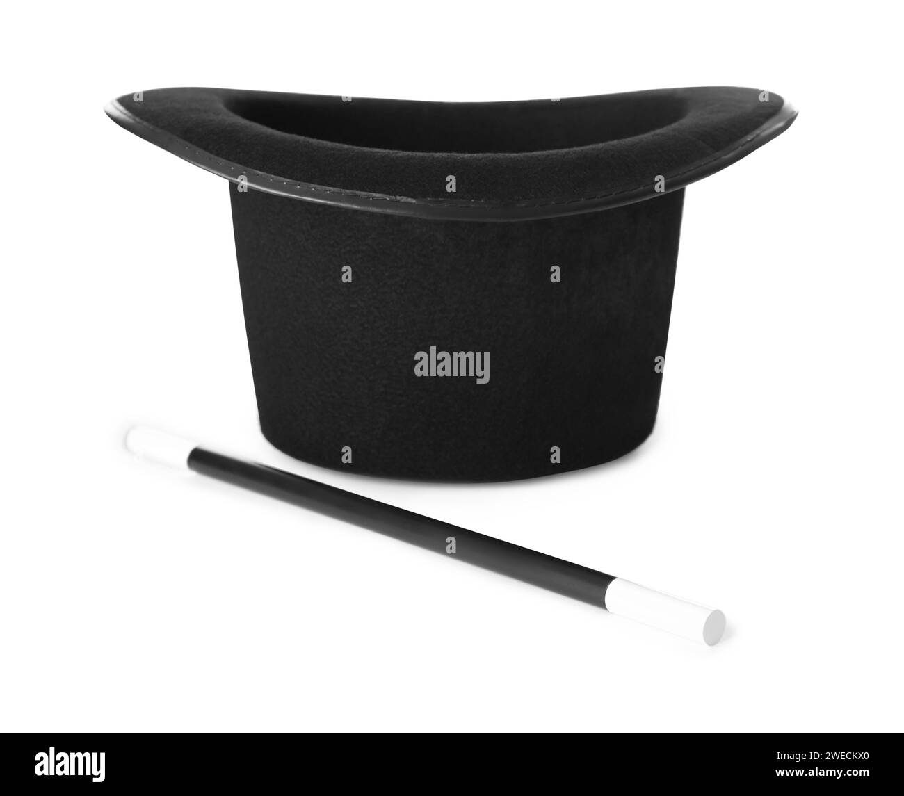 Black top hat and wand isolated on white. Magician equipment Stock ...