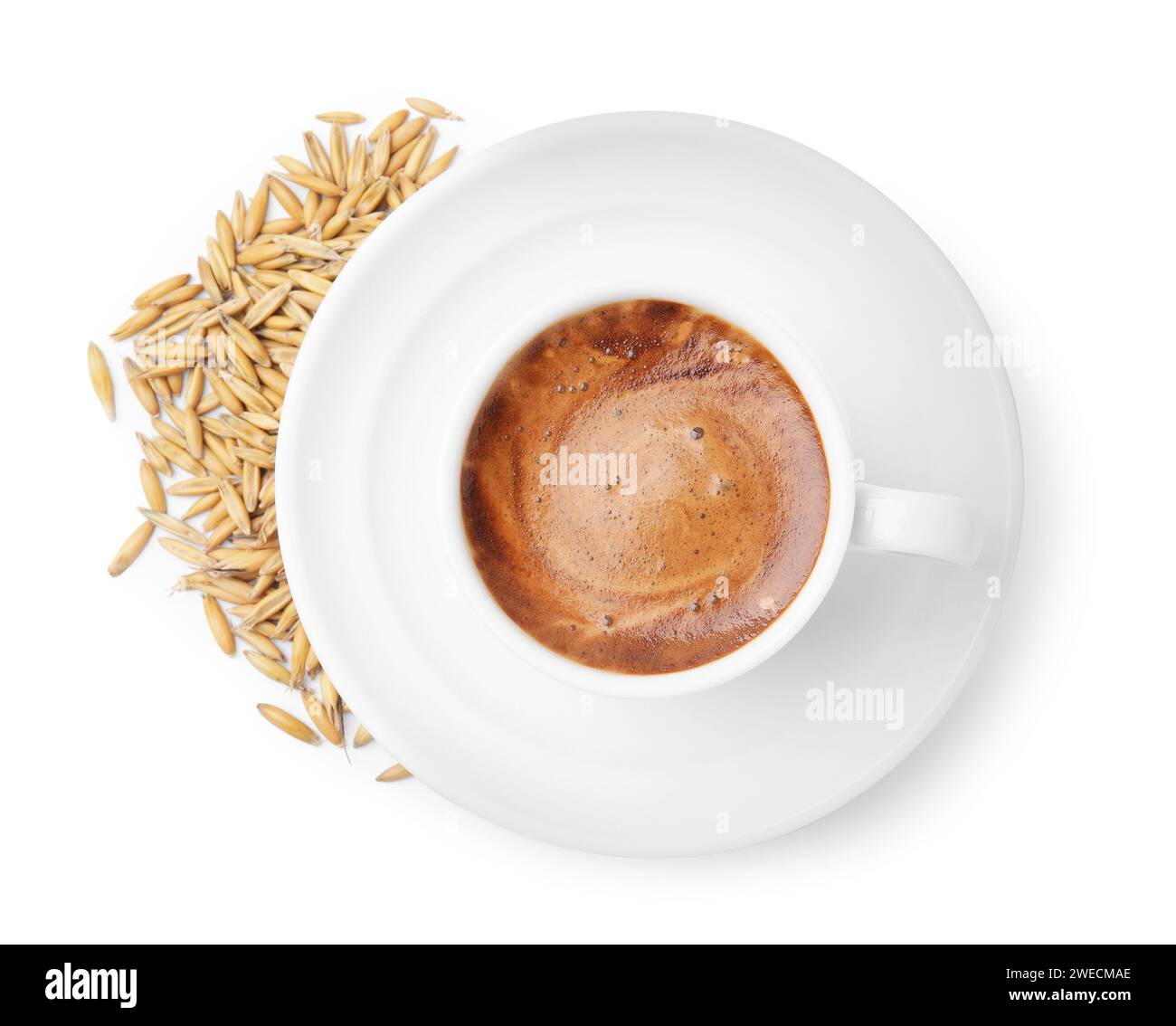 Cup of barley coffee and grains isolated on white, top view Stock Photo ...