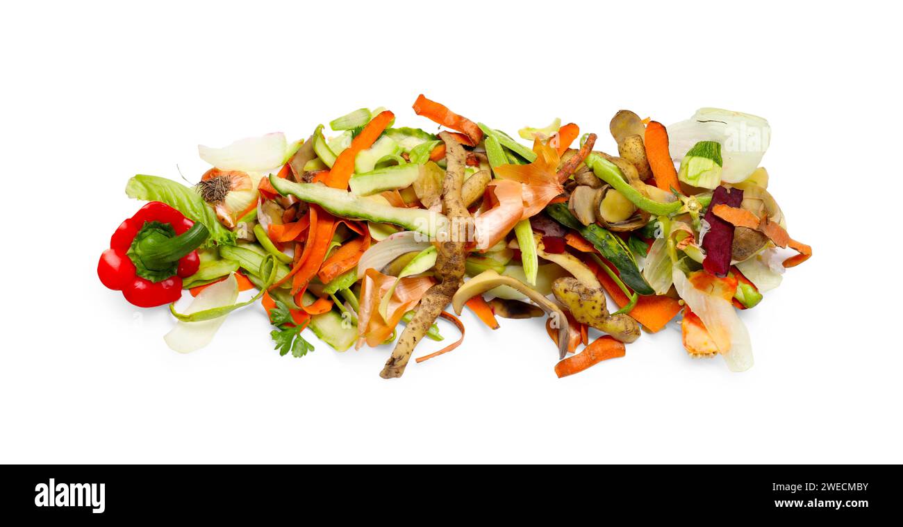 Peels of fresh vegetables isolated on white, top view Stock Photo - Alamy