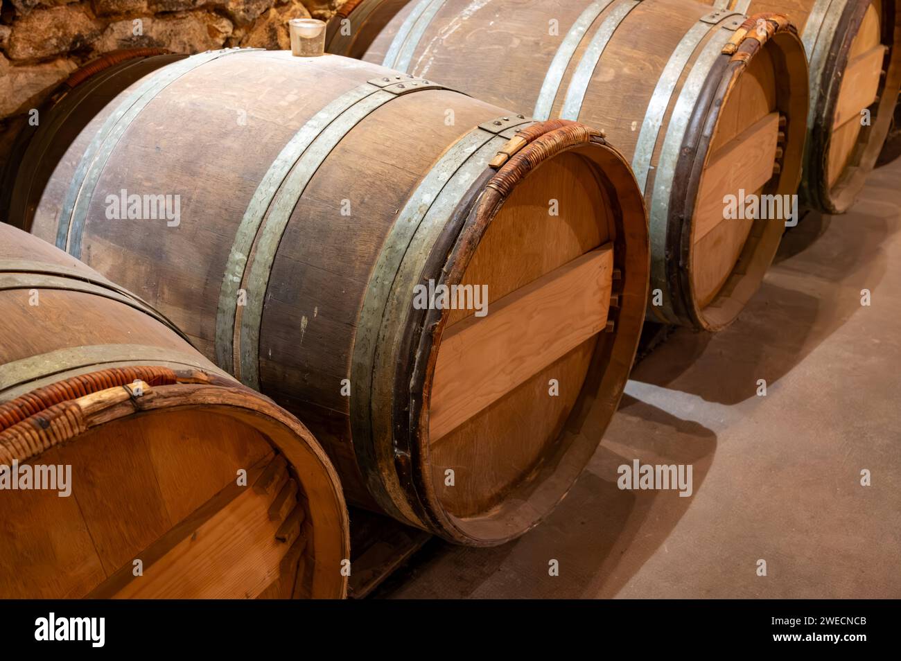 Wine cellar with oak wooden barrels in old wine domain on Sauternes ...