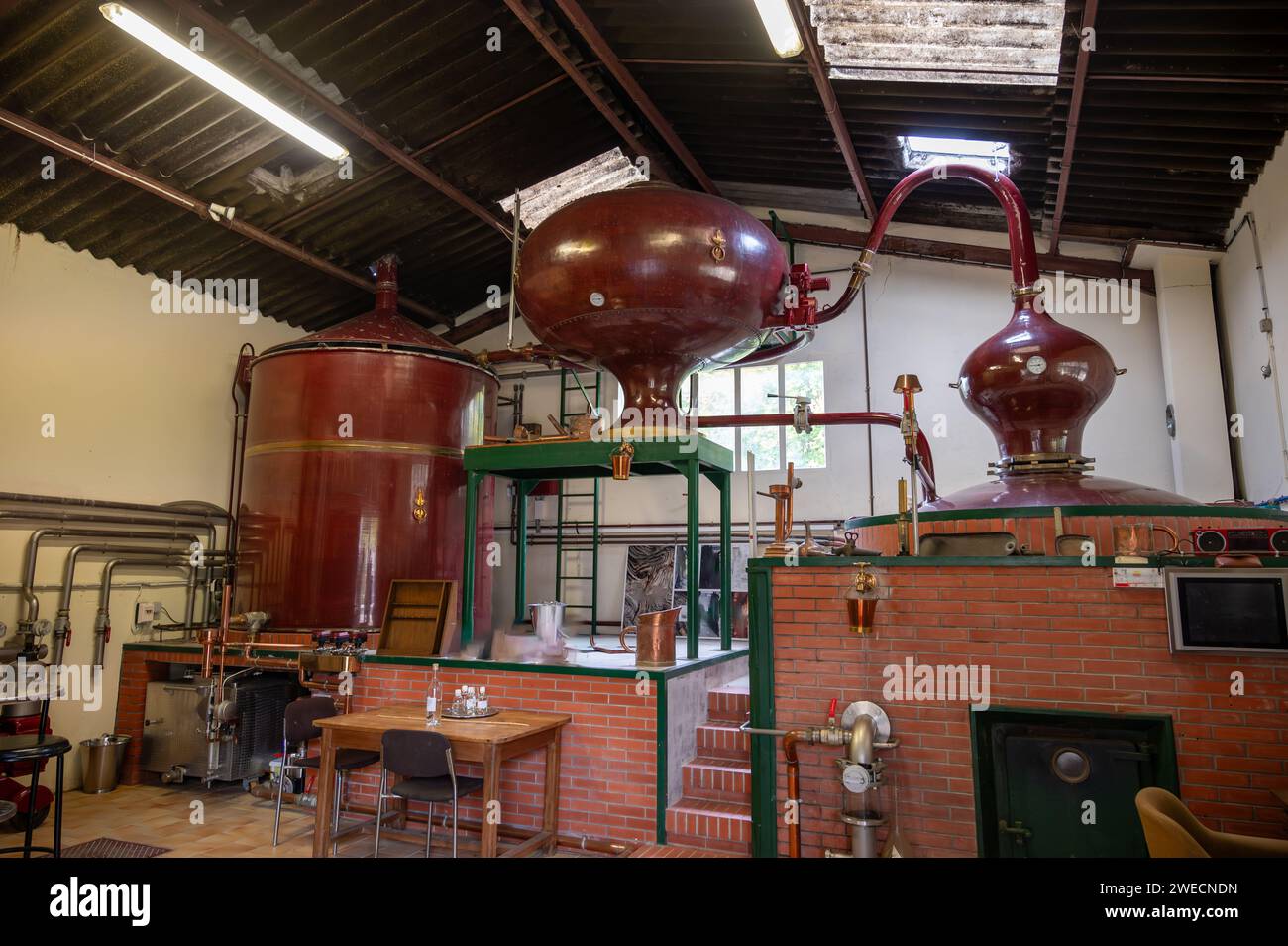 Double distillation process of cognac spirit in Charentias copper still ...
