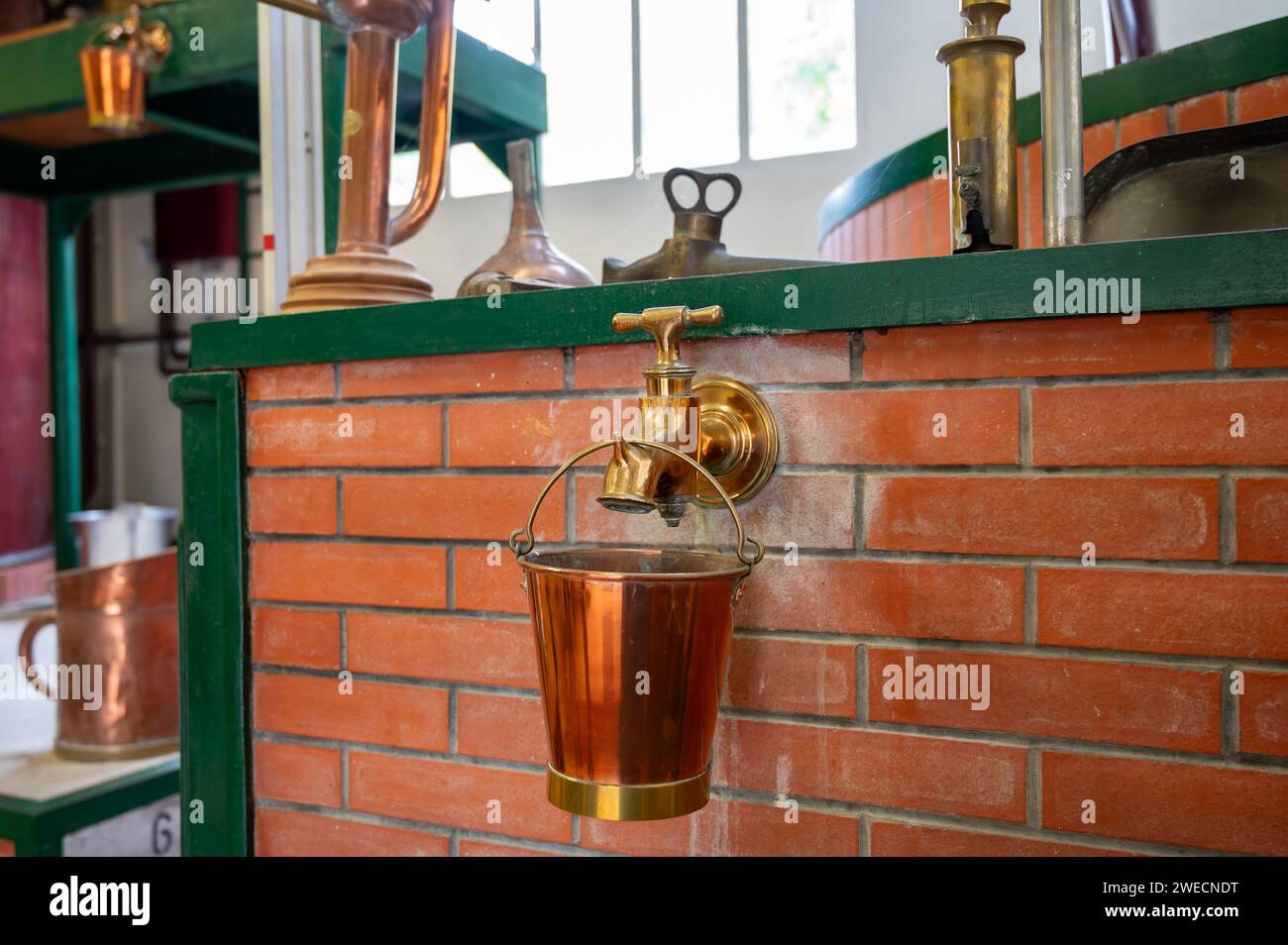 Double distillation process of cognac spirit in Charentias copper still ...