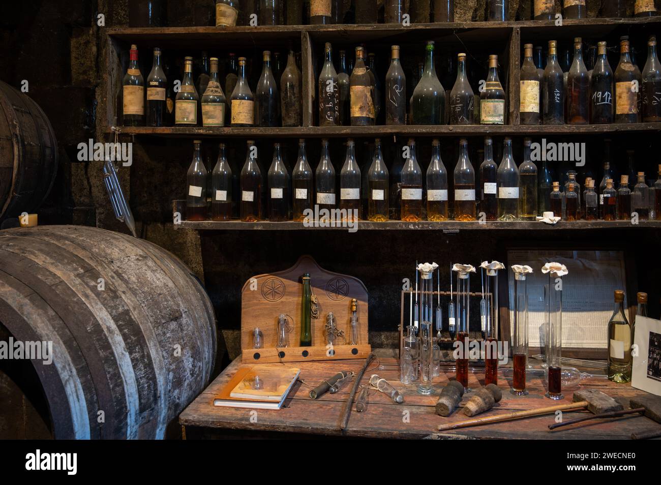 Blending process of cognac spirit and old dark French oak barrels in ...