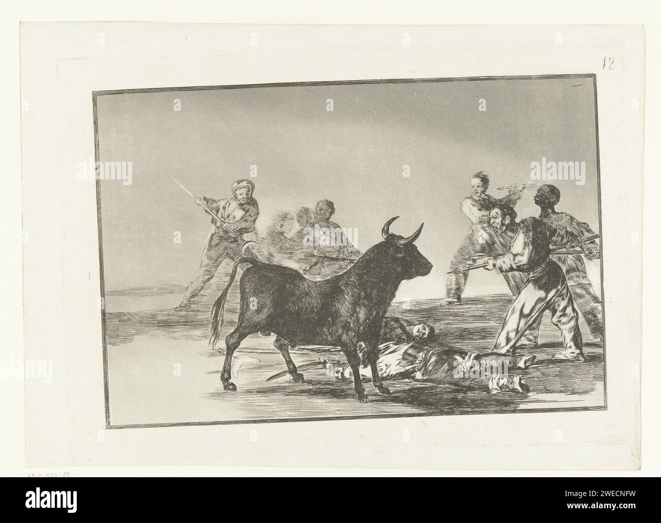 Bull fighters around a bull, Francisco de Goya, 1811 - 1816 print A ...
