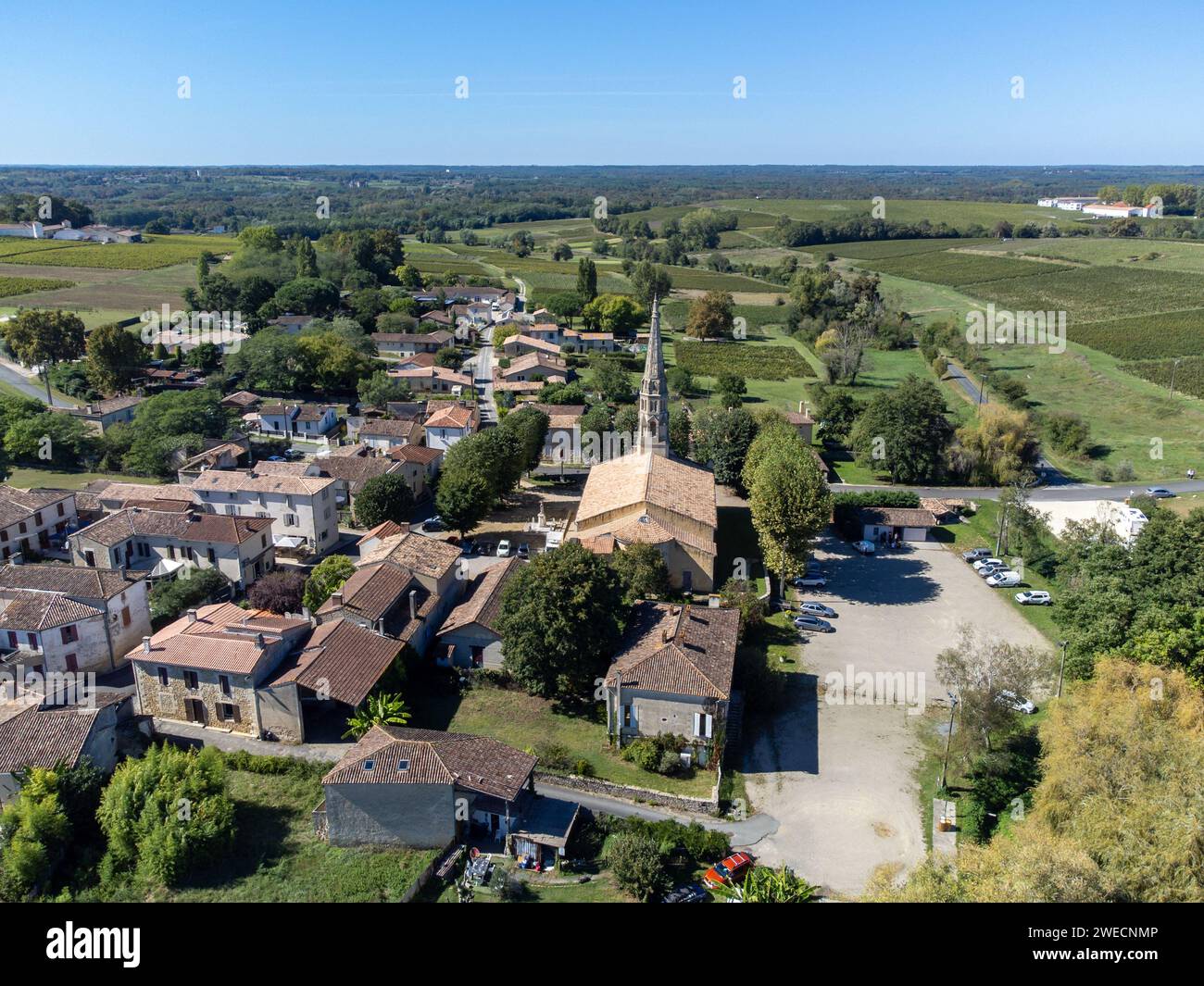 Aerial view on Sauternes village and vineyards, making of sweet dessert ...