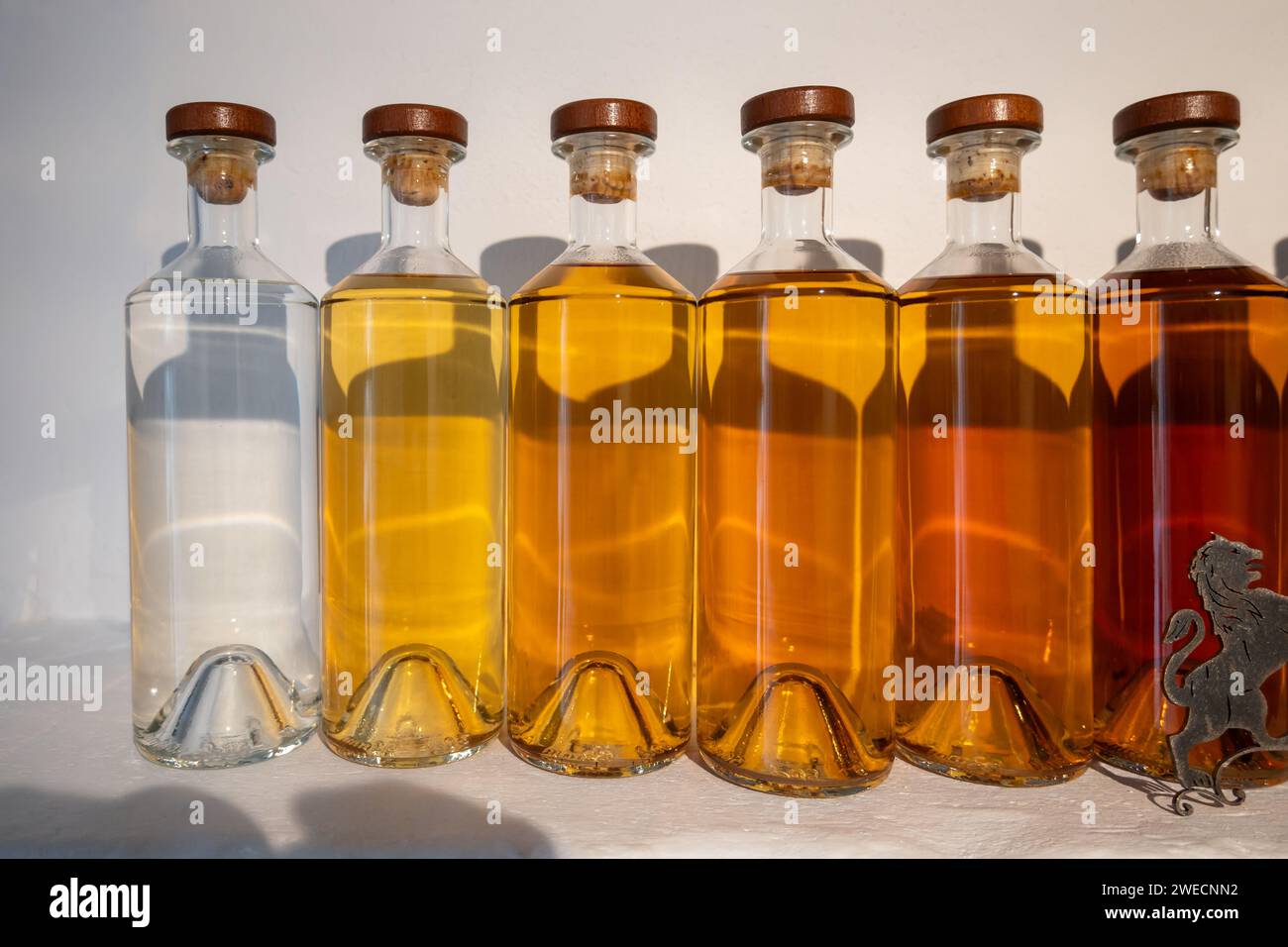 Different colours and ages of cognac spirits in bottles in distillery ...