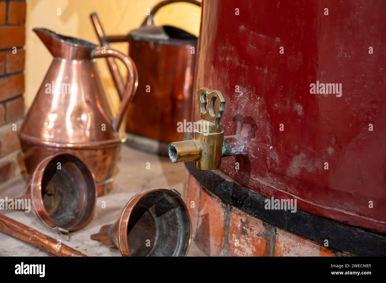 Double distillation process of cognac spirit in Charentias copper still ...