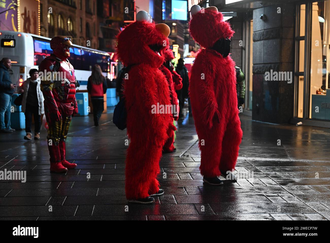 Costume performers dressed as Elmo walk in Times Square on January 24 ...