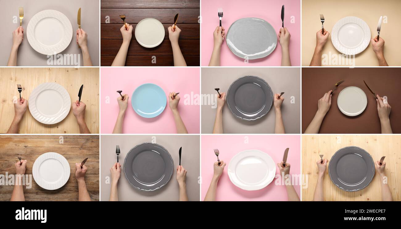 People with cutlery and clean plates on different backgrounds, top view ...