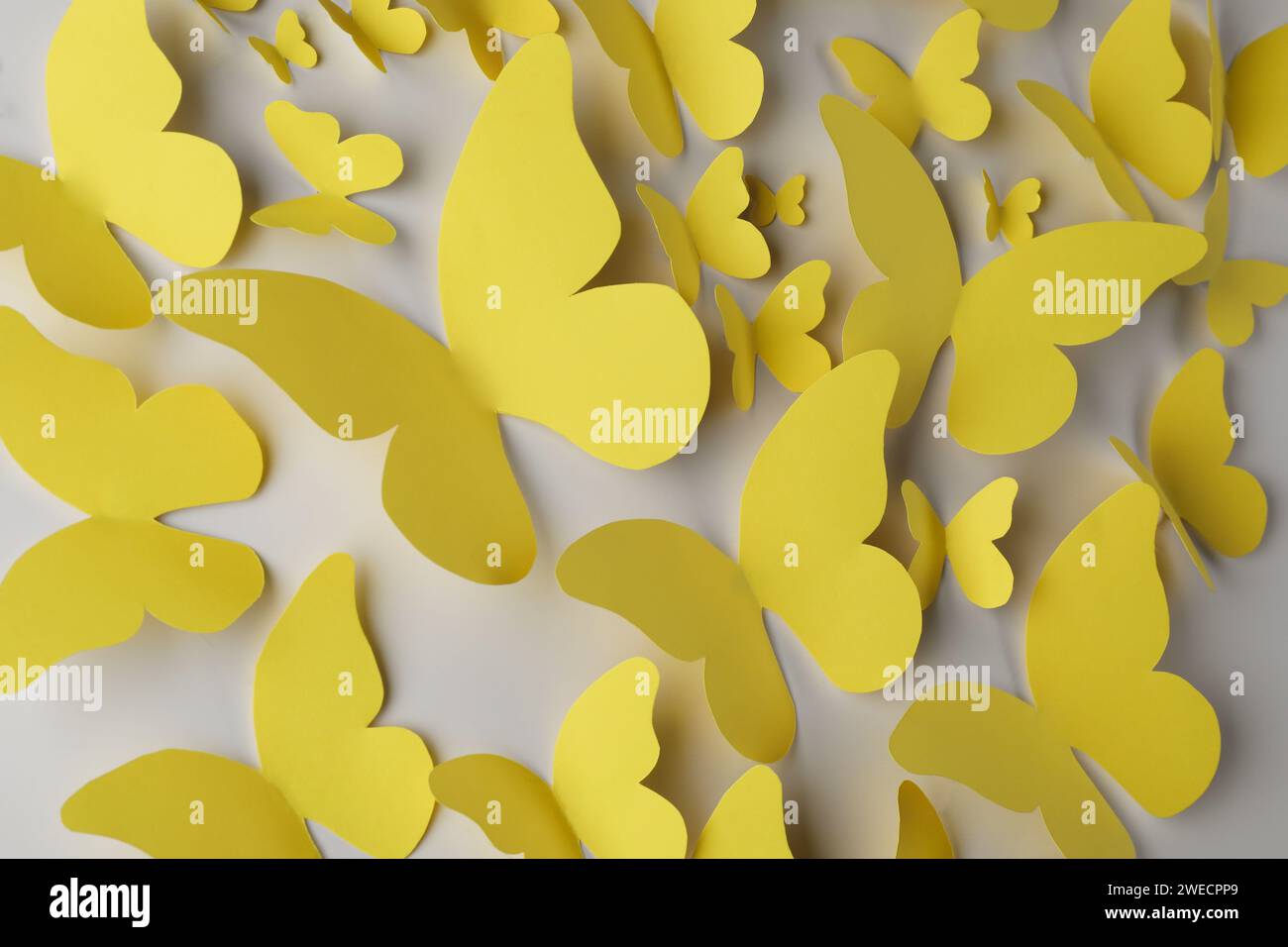 Yellow paper butterflies on light grey background, top view Stock Photo ...