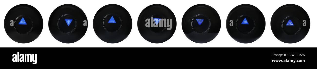 Magic eight ball with different predictions isolated on white ...