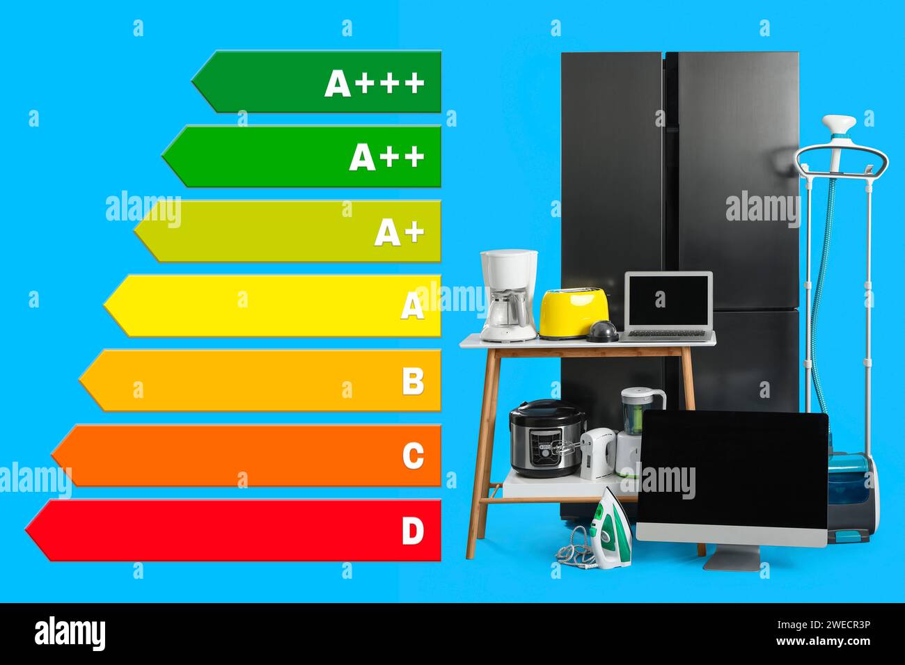 Energy efficiency rating label and different household appliances on ...