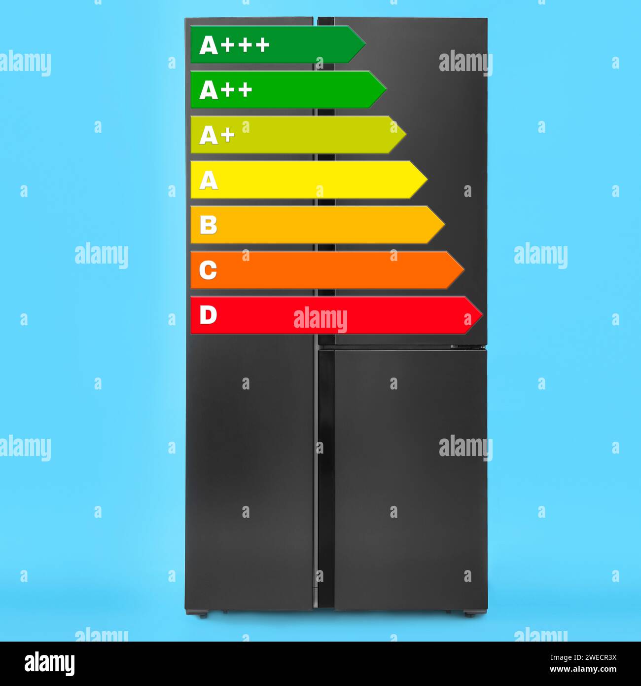 Energy efficiency rating label and refrigerator on light blue ...